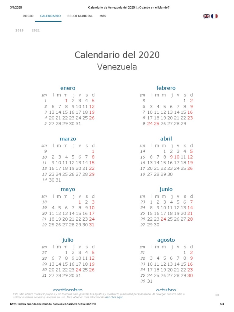 Calendario de Venezuela Del 2020 - ¿Cuándo en El Mundo | PDF ...
