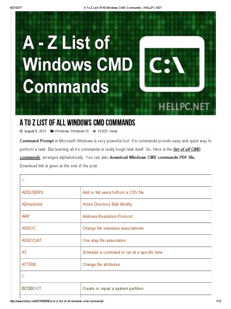 A To Z List of All Windows CMD Commands - HELLPC | PDF | Windows Registry | Computer File