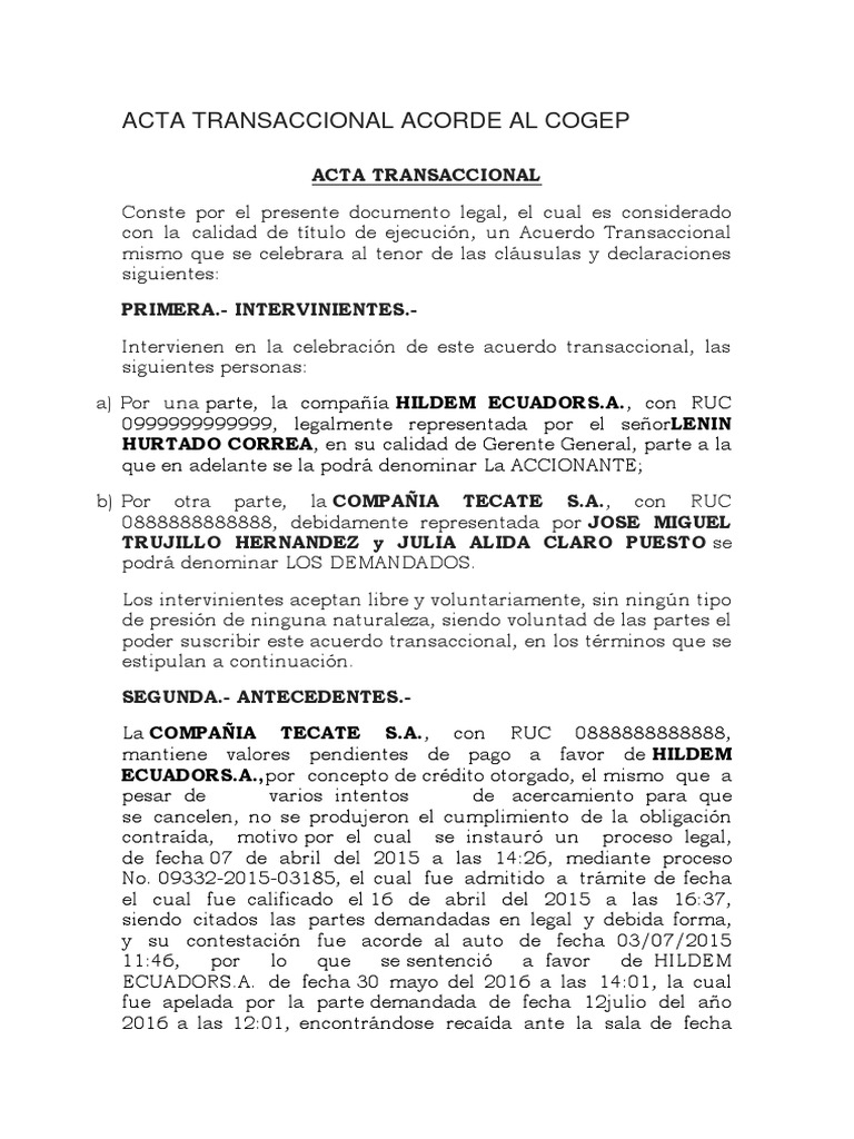 Acta Transaccional Acorde Al Cogep | PDF | Gobierno