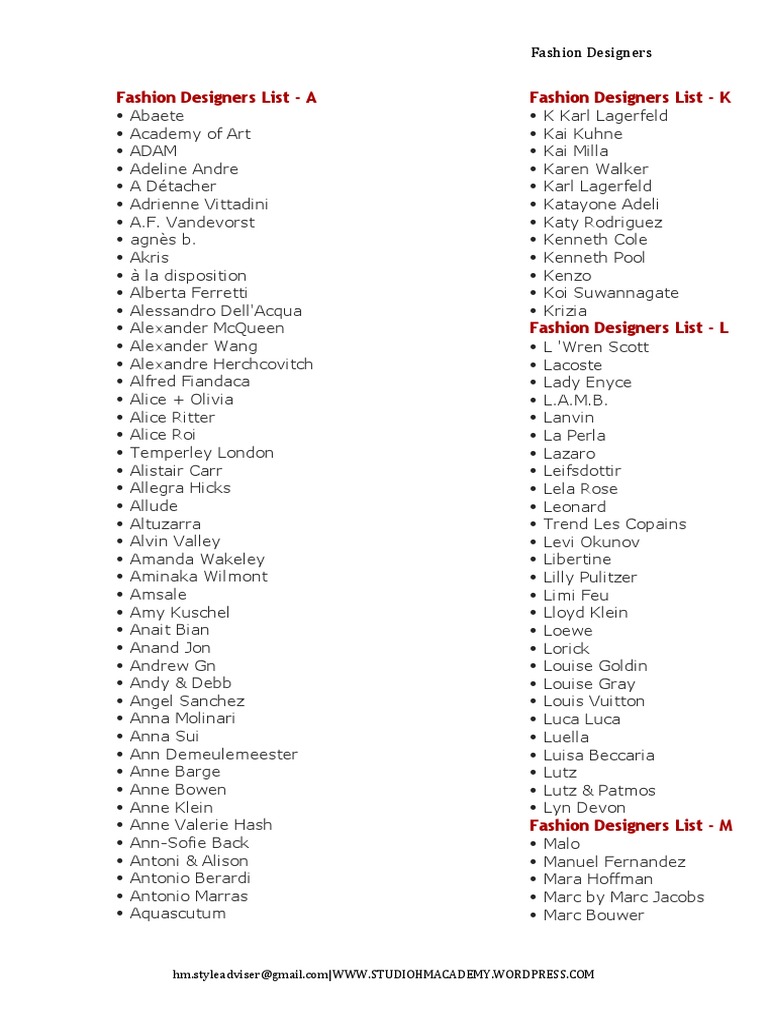Fashion Designers List PDF | PDF | Fashion Design | Fashion