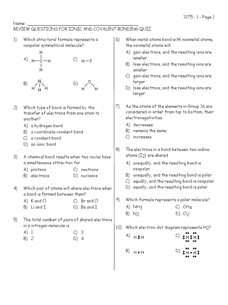Ionic and Covalent Bonding Quiz | PDF | Chemical Polarity | Covalent Bond