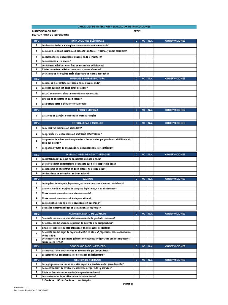 FORMATO Check List de Inspeccion y Evaluación de Instalaciones | PDF
