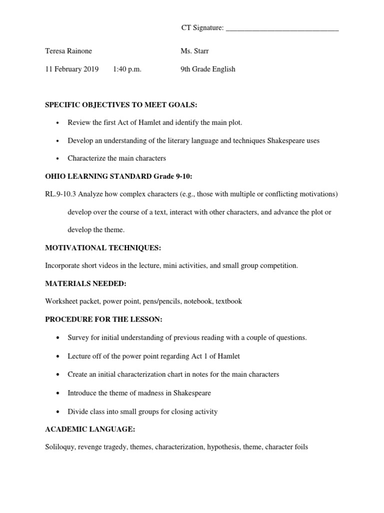 Hamlet Act 1 Lesson Plan | PDF | Lecture | Lesson Plan