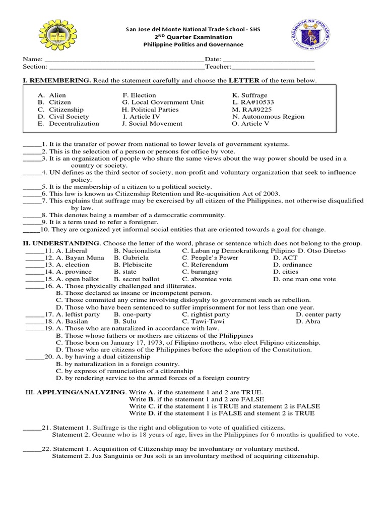 2nd QUARTER EXAM Philippine Politics and Governance | PDF ... 2nd QUARTER EXAM Philippine Politics and Governance | PDF ...