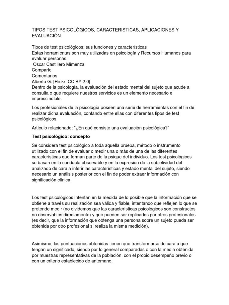 Tipos de Test Psicológicos y Aplicaciones | PDF | Inteligencia | Sicología