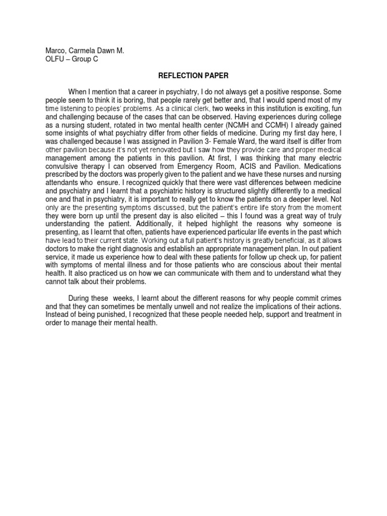 Reflection | PDF | Psychiatry | Patient