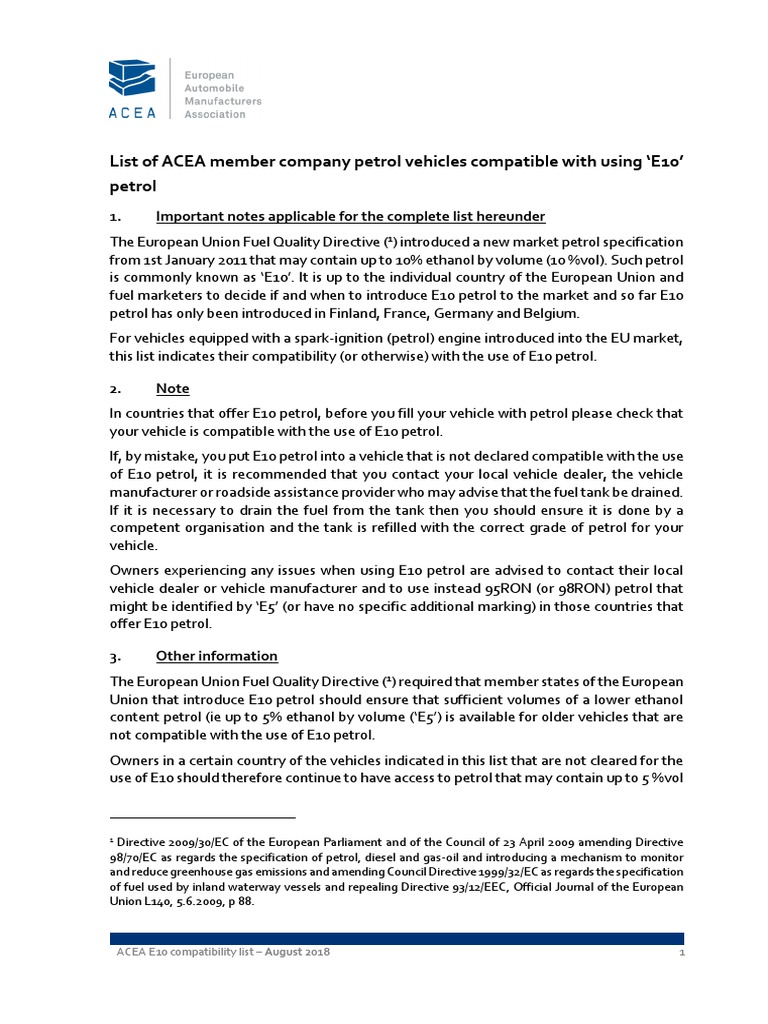 ACEA E10 Compatibility | PDF | Gasoline | Audi