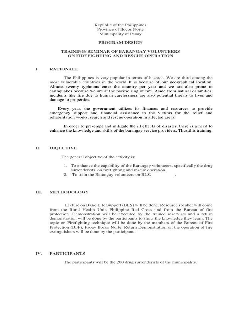 Program Design (Training of Barangay Rescuers-2019) | PDF ...