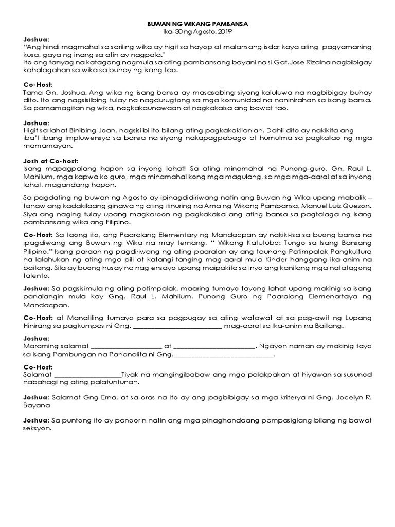 Buwan NG Wikang Pambansa Script | PDF