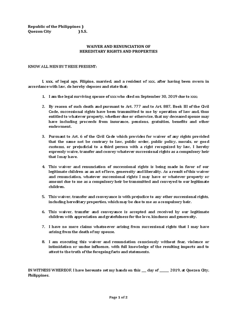 Waiver of Successional Rights | PDF | Inheritance | Private Law