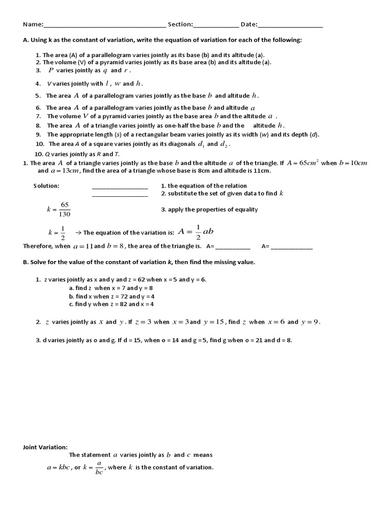 Activity Numer 2 Joint Variation | PDF | Area | Triangle