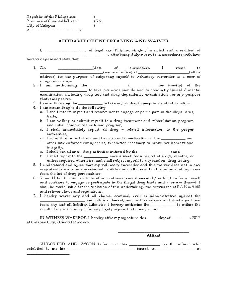 Affidavit of Undertaking and Waiver | Waiver | Affidavit
