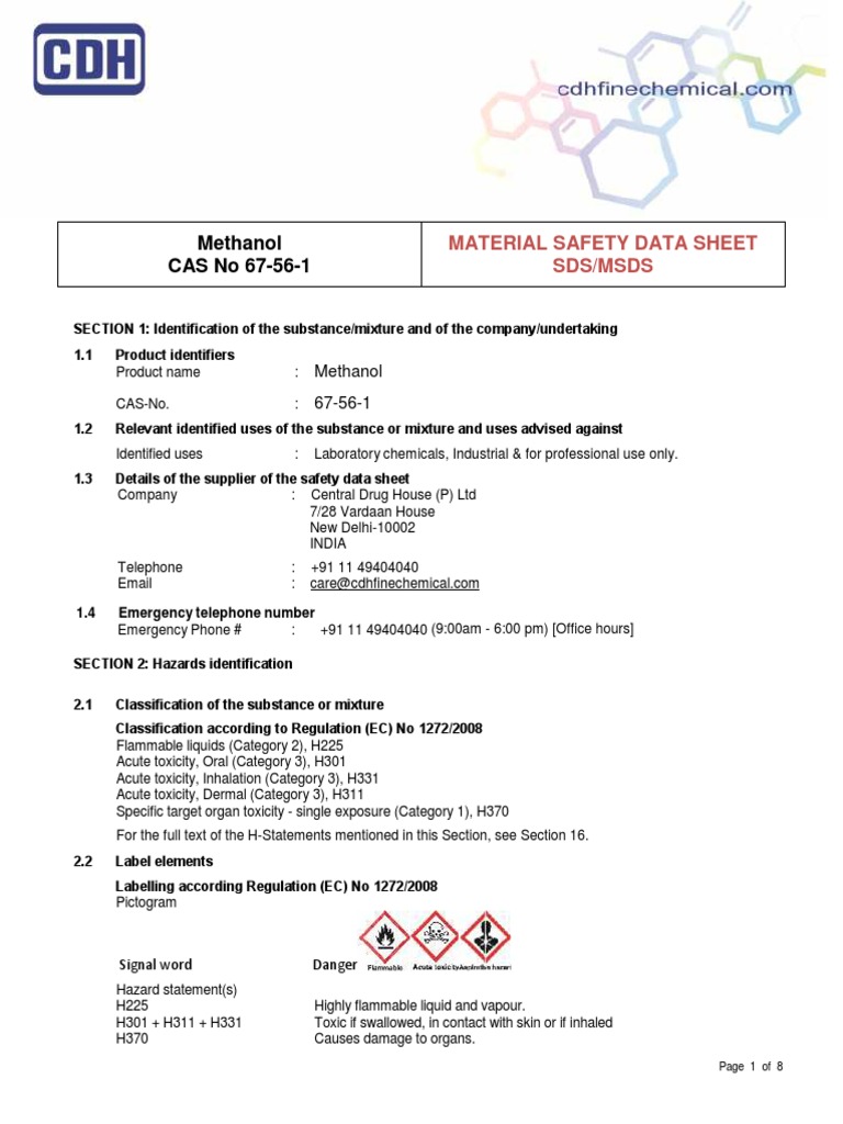 123 - 607613320 - Methanol CASNO 67 56 1 MSDS | PDF | Toxicity ...