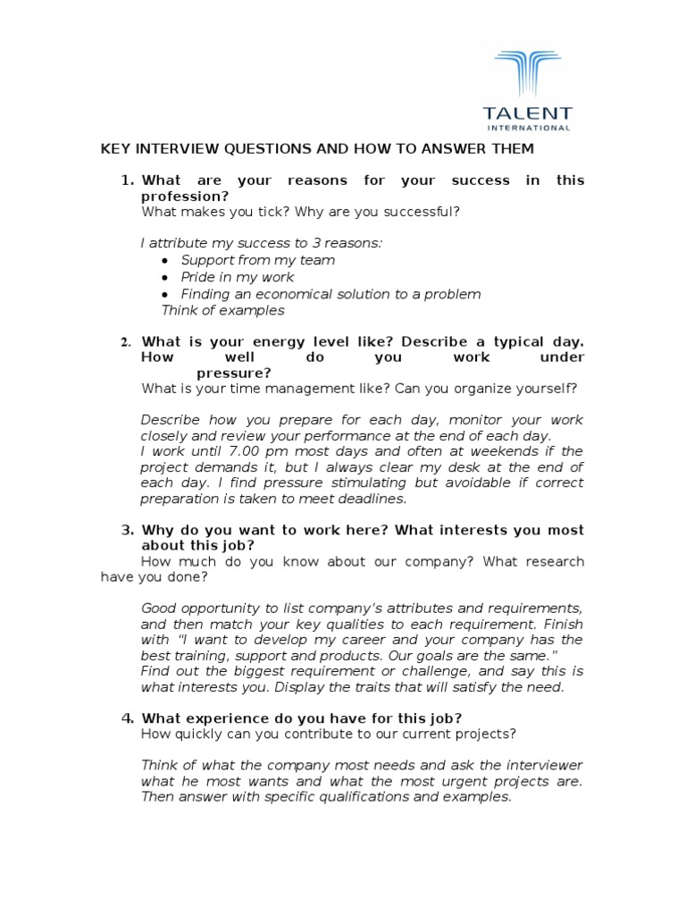 Key Interview Questions and How To Answer Them | PDF | Psychology ...