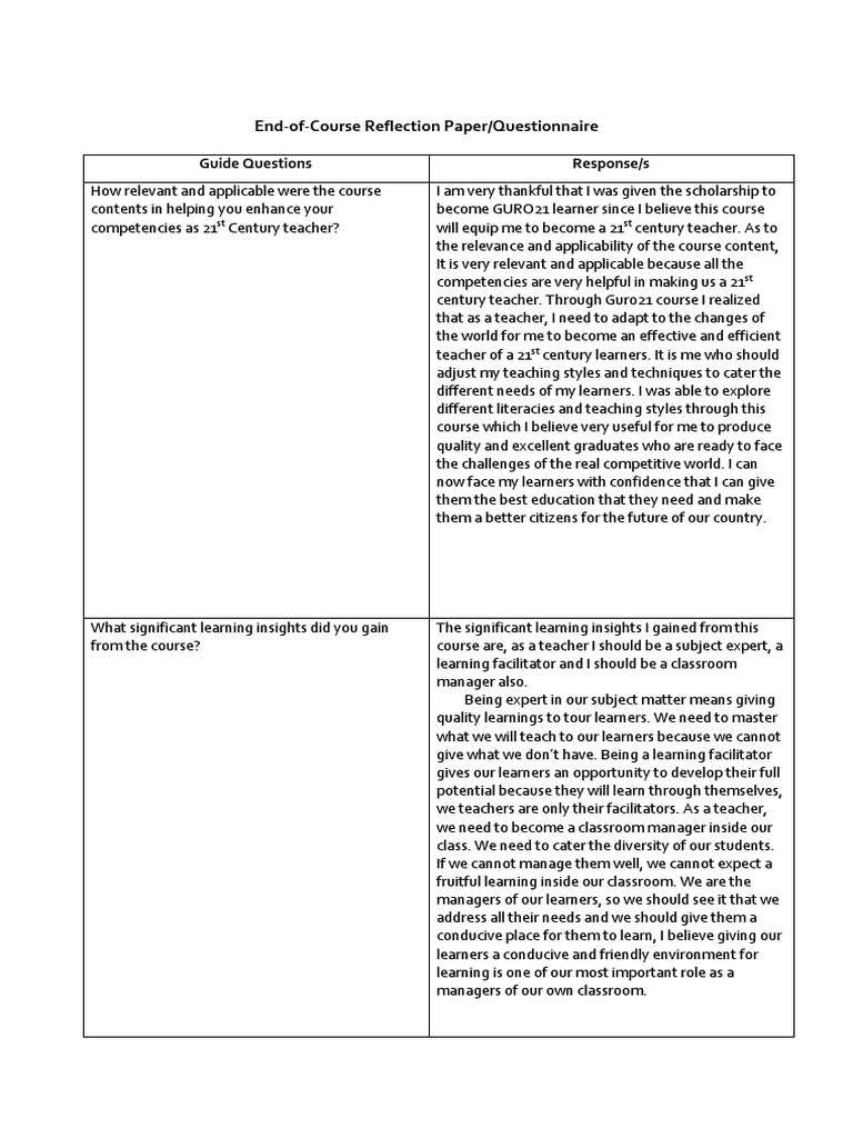 End of The Course Reflection Paper | PDF | Teachers | Classroom
