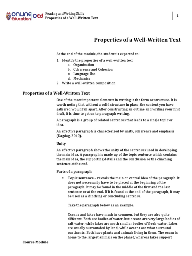 Lesson 6 Properties of A Well-Written Text | PDF | Pronoun | Paragraph