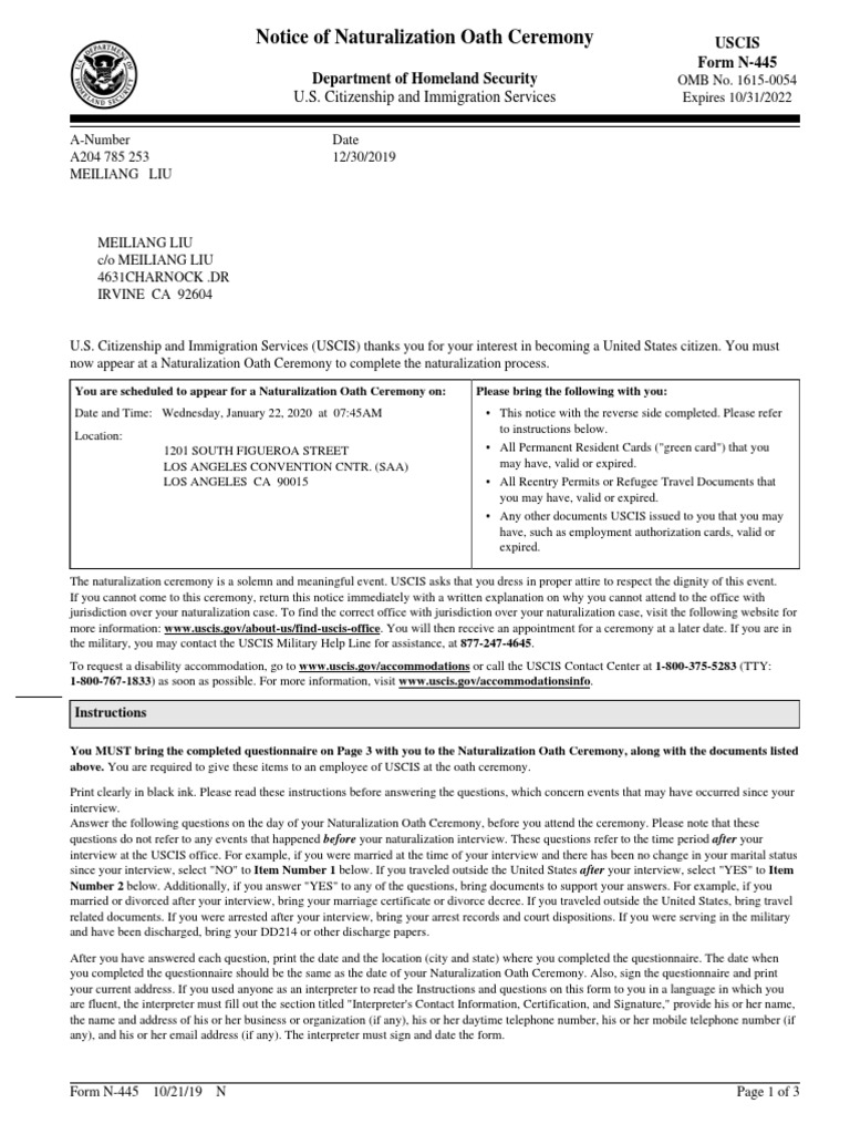 Notice of Upcoming Naturalization Oath Ceremony for Meiliang Liu ...