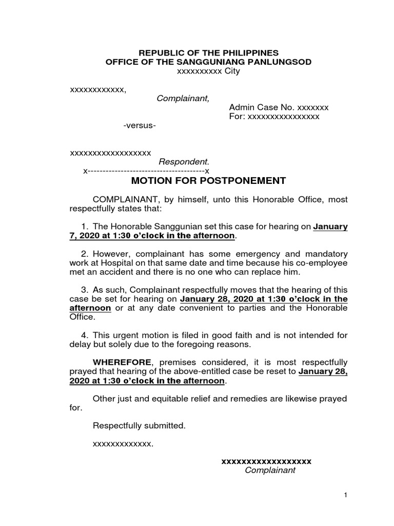 Motion For Postponement (Sample) | PDF