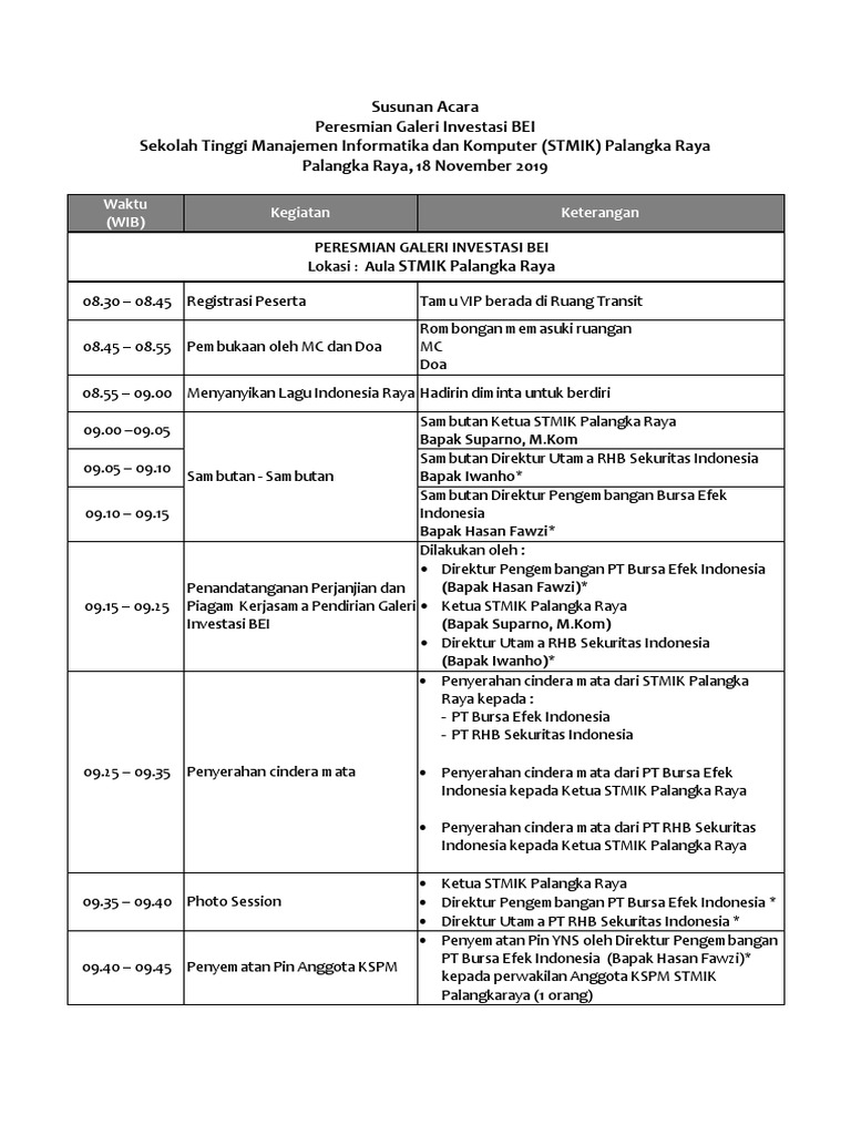 Rundown Acara Peresmian GI BEI STMIK Palangka Raya | PDF