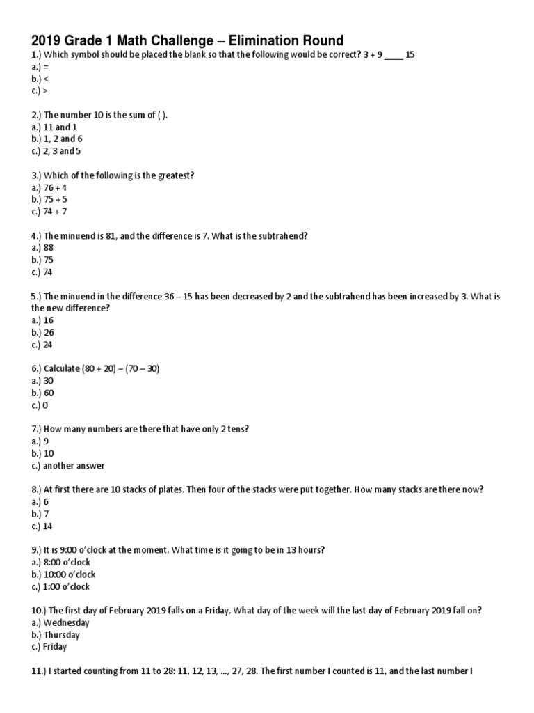 Grade 1 Math Challenge Questions | PDF | Subtraction | Number Theory