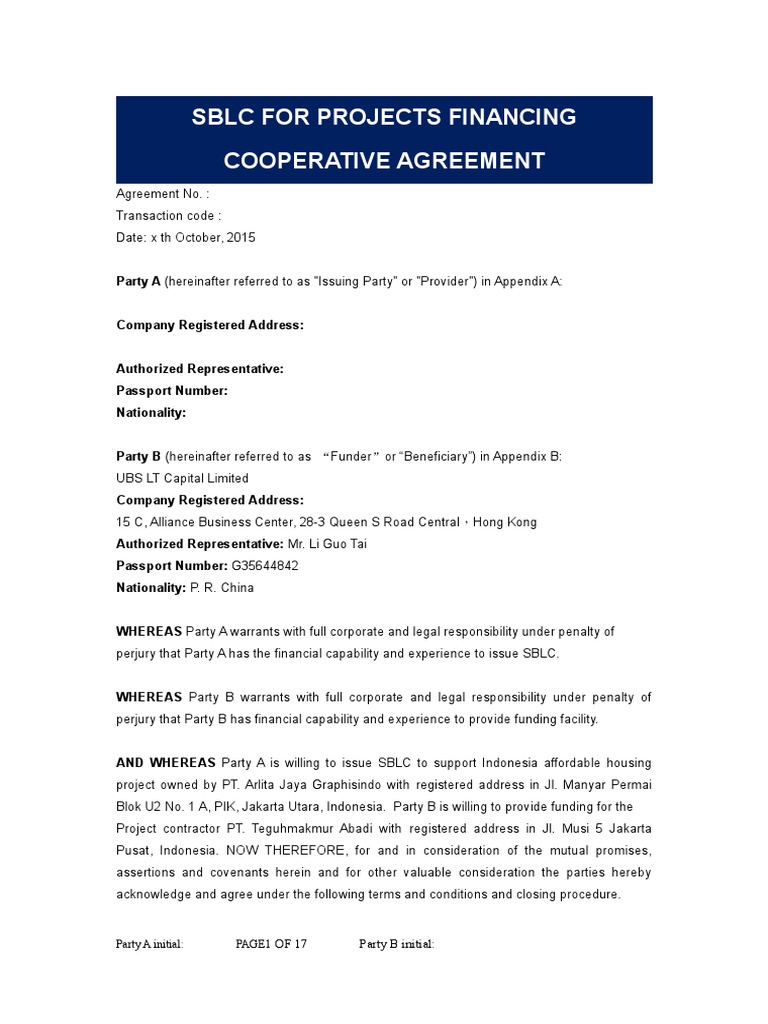 (印尼平價國宅融資) SBLC financing agreement draft tonny | PDF | Letter Of ...