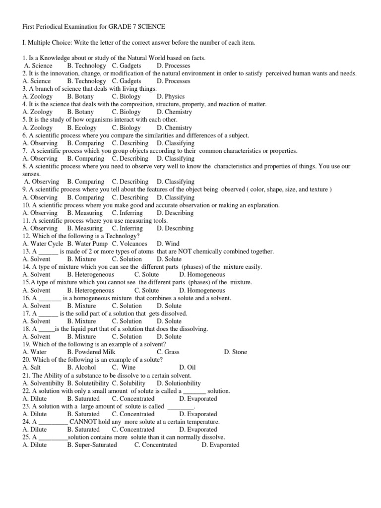 First Periodical Examination For GRADE 7 SCIENCE | PDF | Solution | Mixture