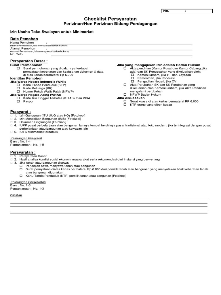 Checklist Izin Usaha Toko Swalayan Untuk Minimarket 1 | PDF