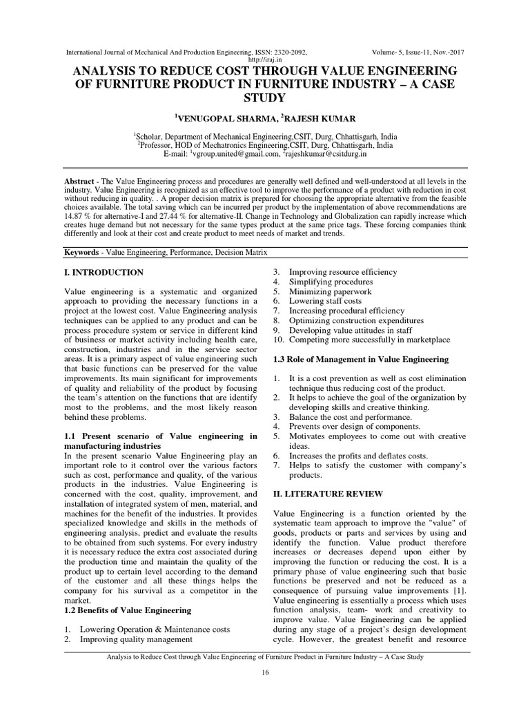 Cost Reduction in Furniture Manufacturing | PDF | Engineering | Quality ...