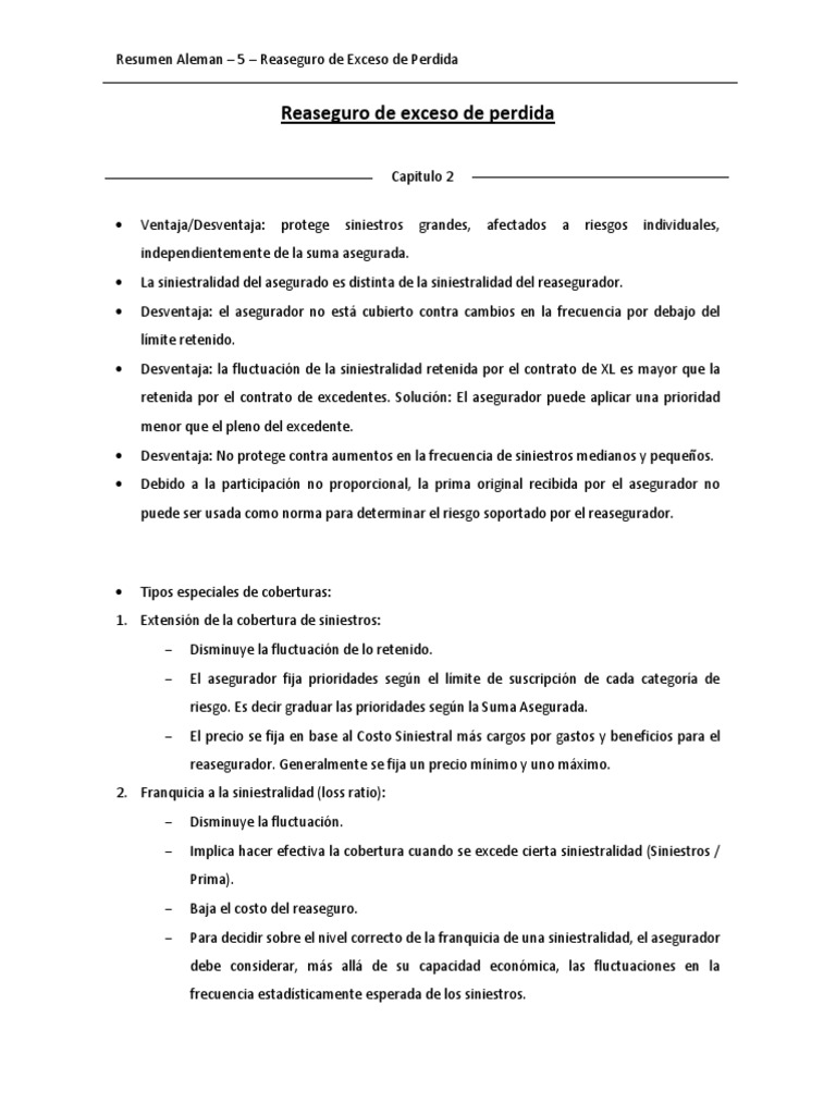 Resumen Aleman - 5 - Reaseguro de Exceso de Perdida | PDF | Reaseguro | Póliza de seguros