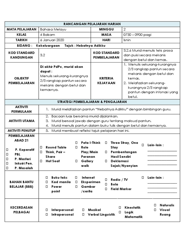 Contoh RPH BM 2020 | PDF