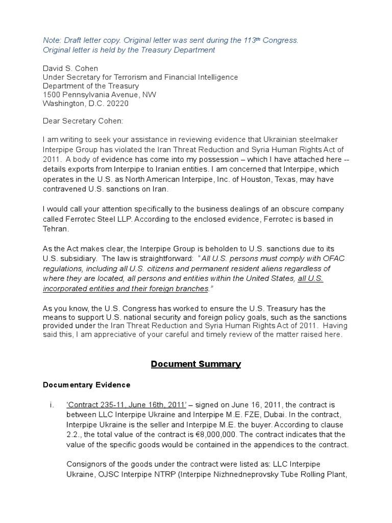 Stockman Letter Iran Interpipe V 2 | PDF | Office Of Foreign Assets ...