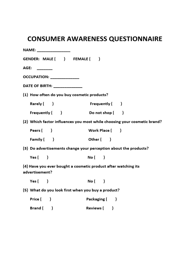 Consumer Awareness Questionnaire | PDF | Advertising | Brand