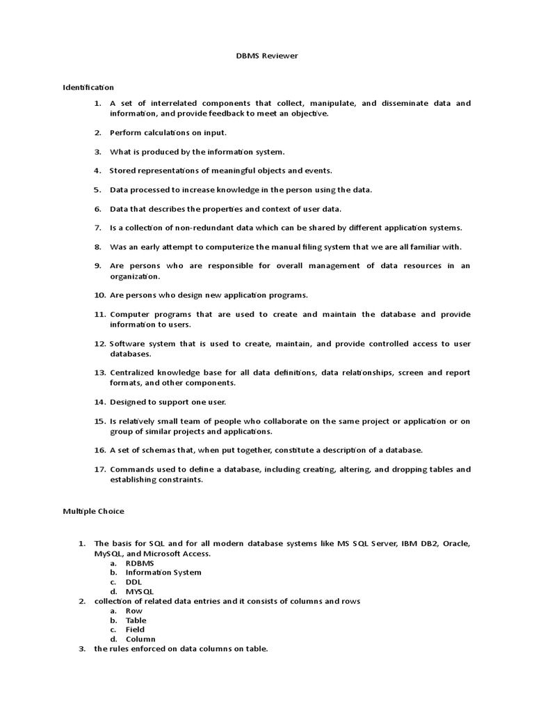 DBMS Reviewer | PDF | Relational Database | Databases