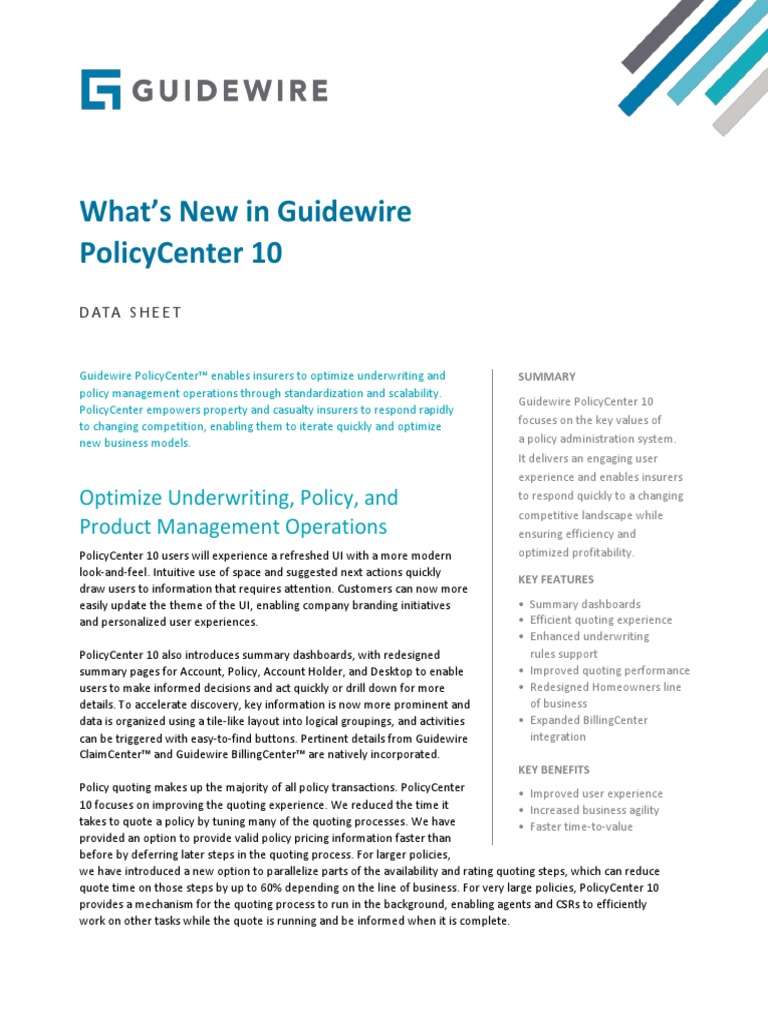 PolicyCenter 10 Data Sheet Whats New en | PDF | Underwriting | Insurance