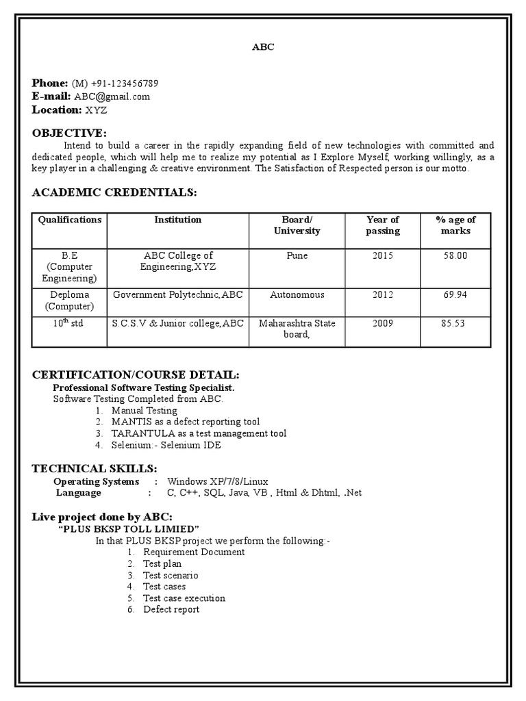 Manual Testing Fresher Resume 4 | Download Free PDF | Service Level ...