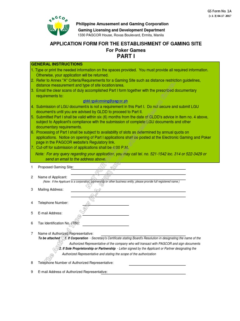 PAGCOR GS Form No. 1A - Application Form Part I - Poker Games 04.17. ...