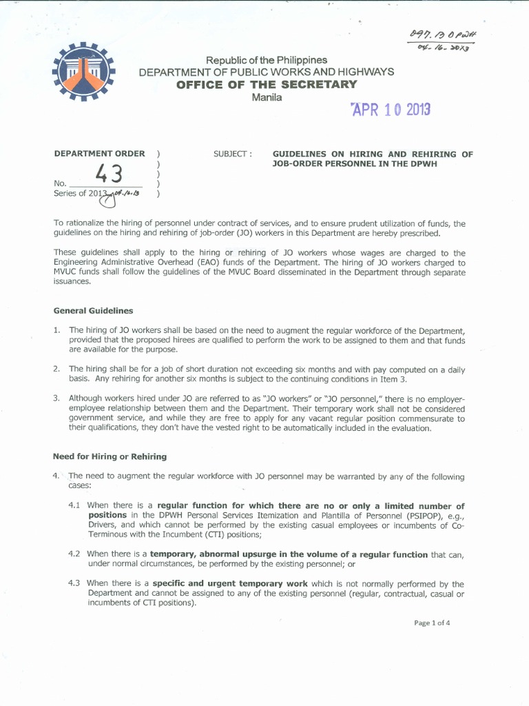 Guidelines On Hiring and Re-Hiring of Job Order Personnel in The DPWH ...