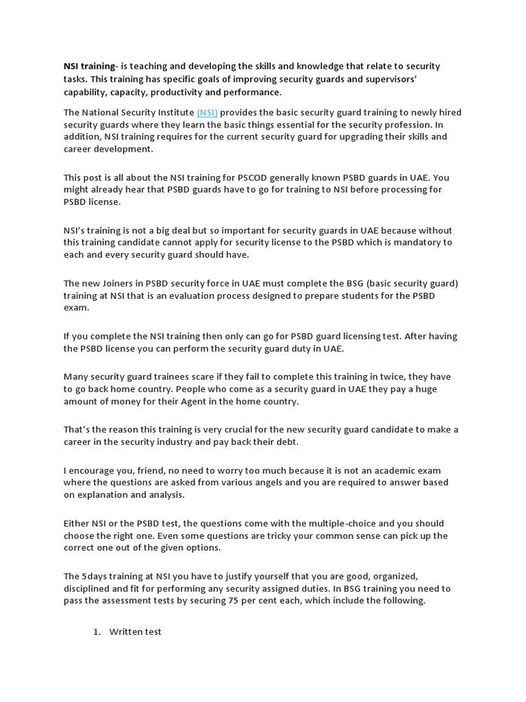 NSI Training Details For PSBD | PDF | Security Guard | Test (Assessment)