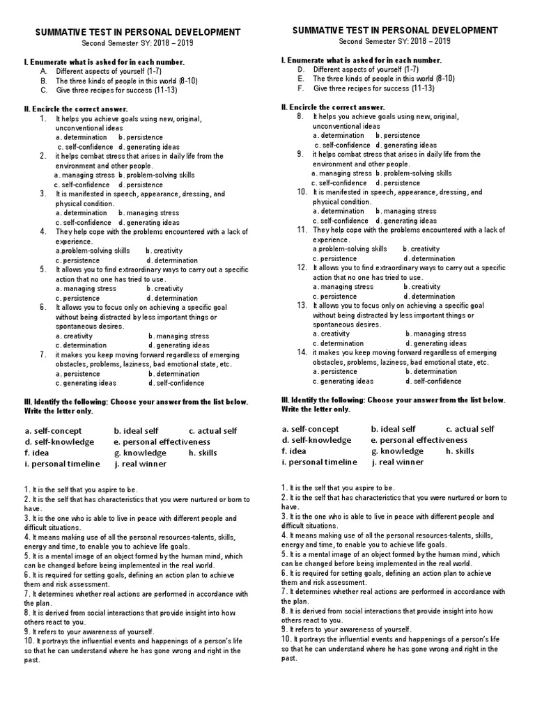 Personal Development Summative Test | PDF | Goal | Self