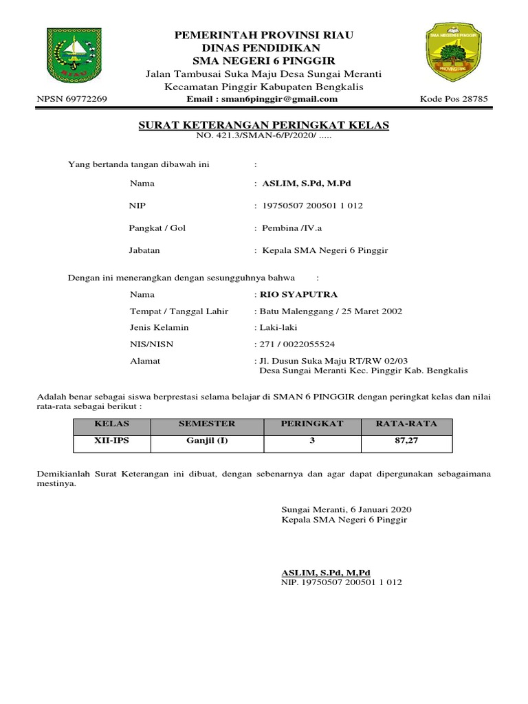 Surat Keterangan Peringkat Kelas | PDF