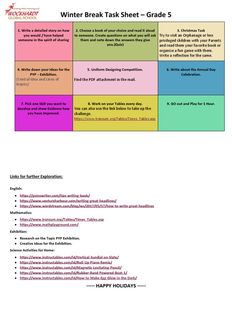 G5 Winter Break Task Sheet | PDF