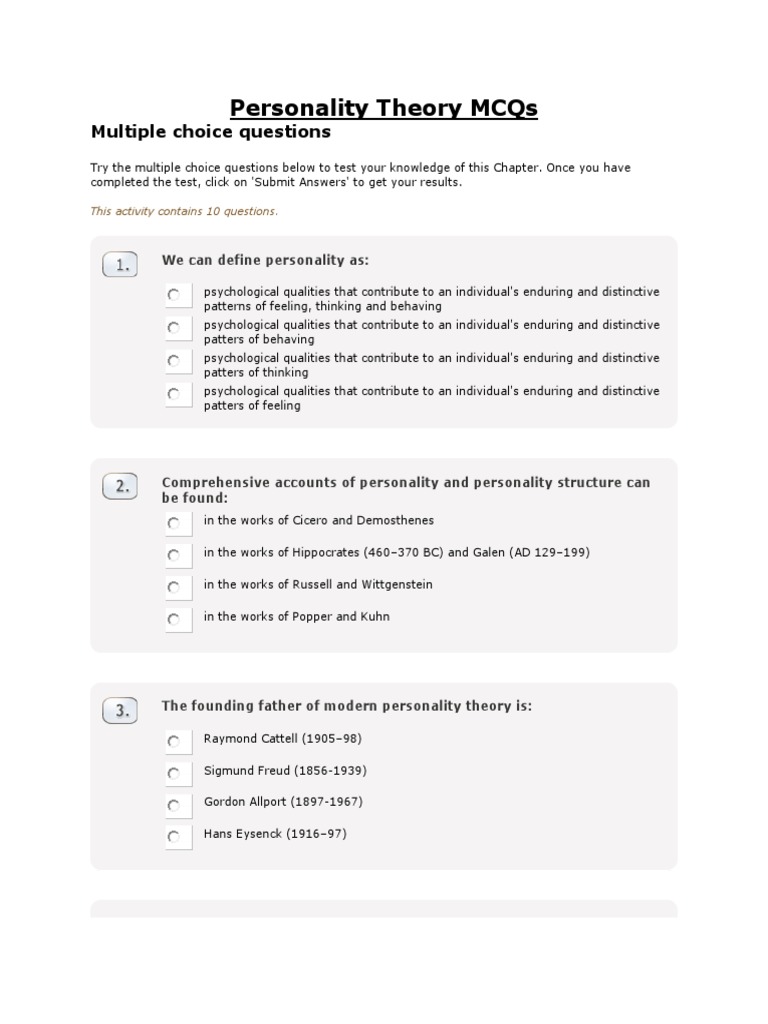 Personality Theory MCQs | PDF | Personality Psychology | Extraversion And Introversion