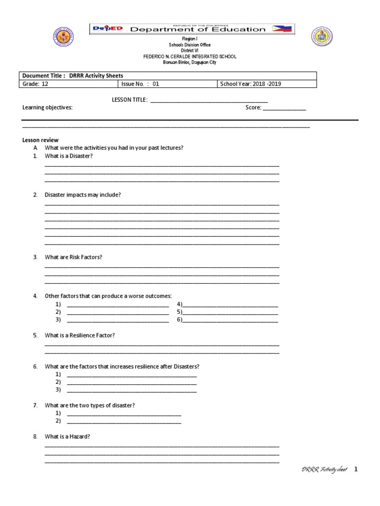 DRRR worksheet.drr.1 | Hazards | Psychological Resilience