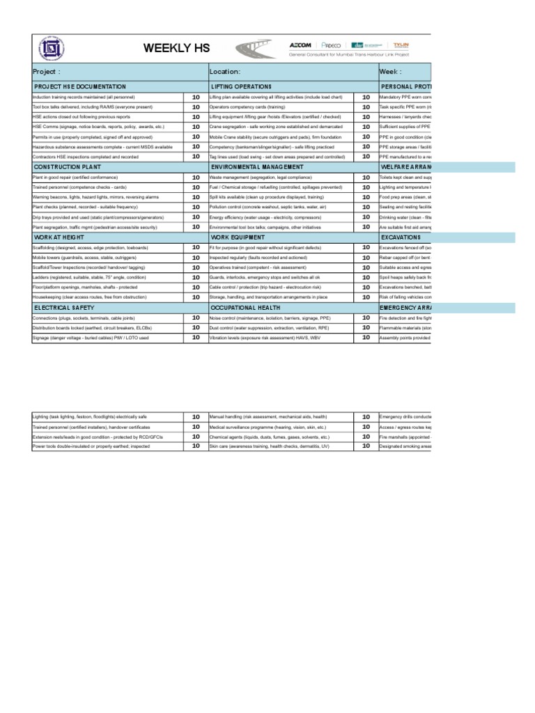 Weekly HSE Inspection Form-MTHL | PDF | Personal Protective Equipment ...