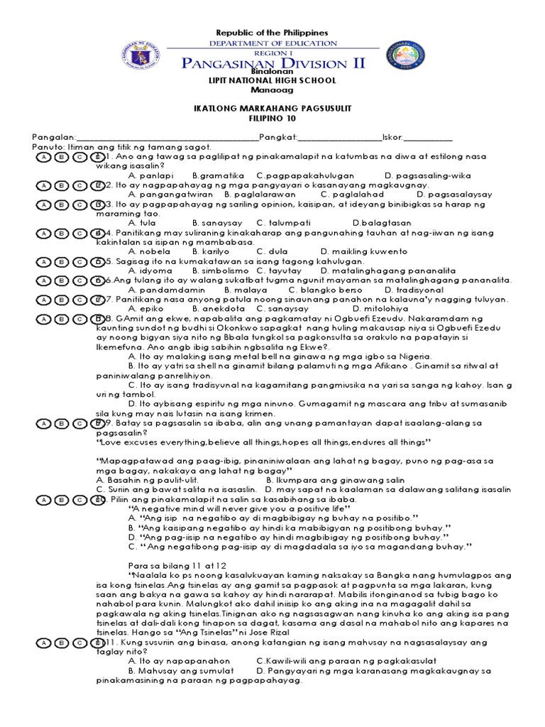 Filipino 10 3rd Quarter Exam | PDF
