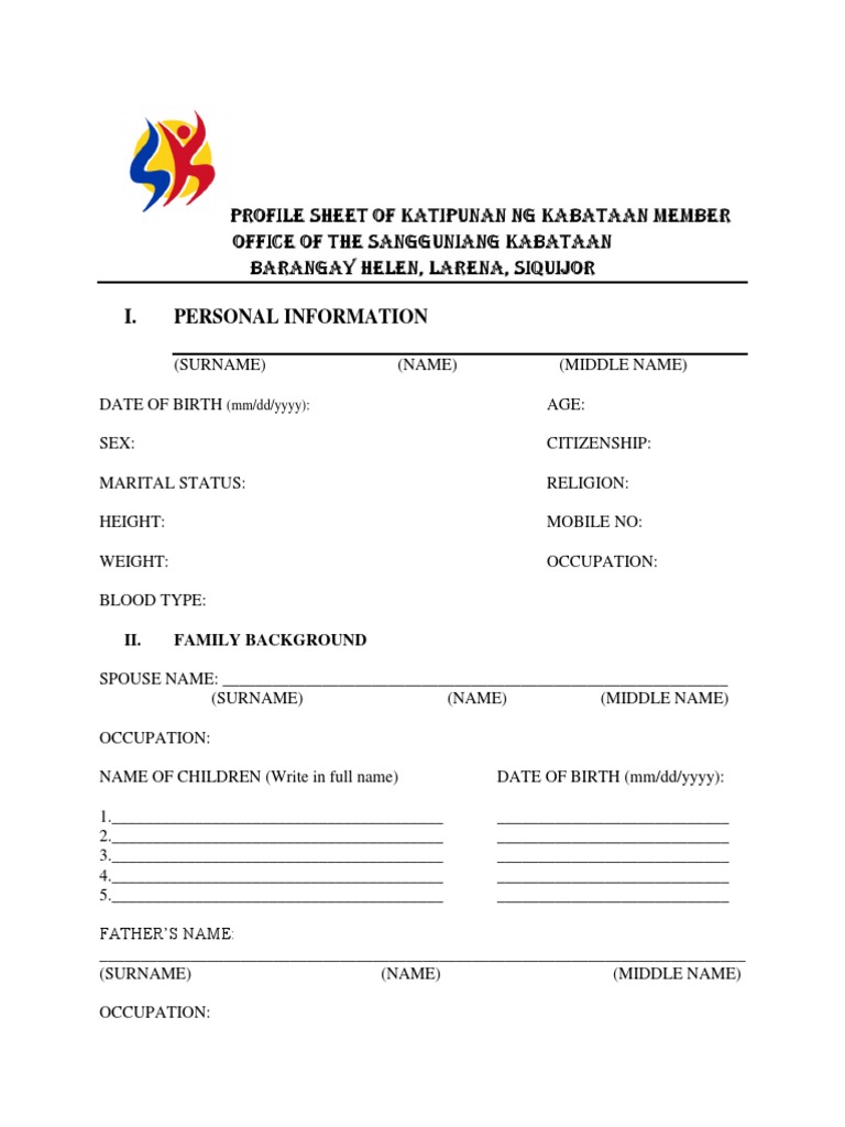 Profile Sheet of Katipunan NG Kabataan Member | PDF | Gender | Gender ...