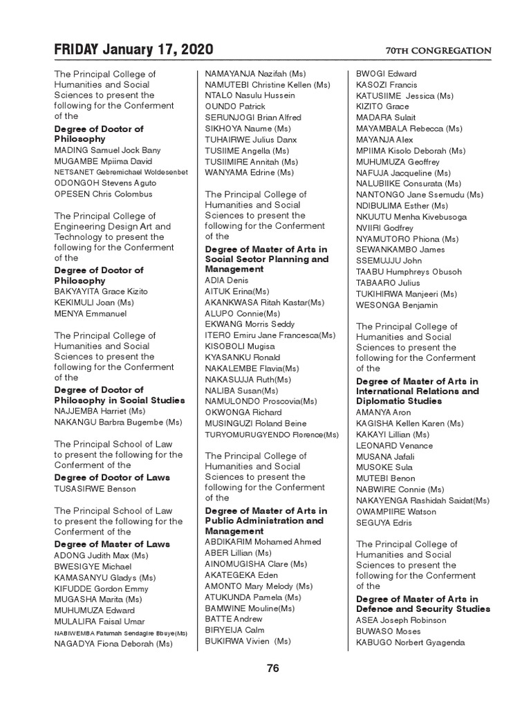 Makerere 70th Graduation Lists Day 4 | PDF | Master Of Science ...