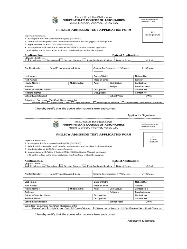 PhilSCA Admission Test Application Form