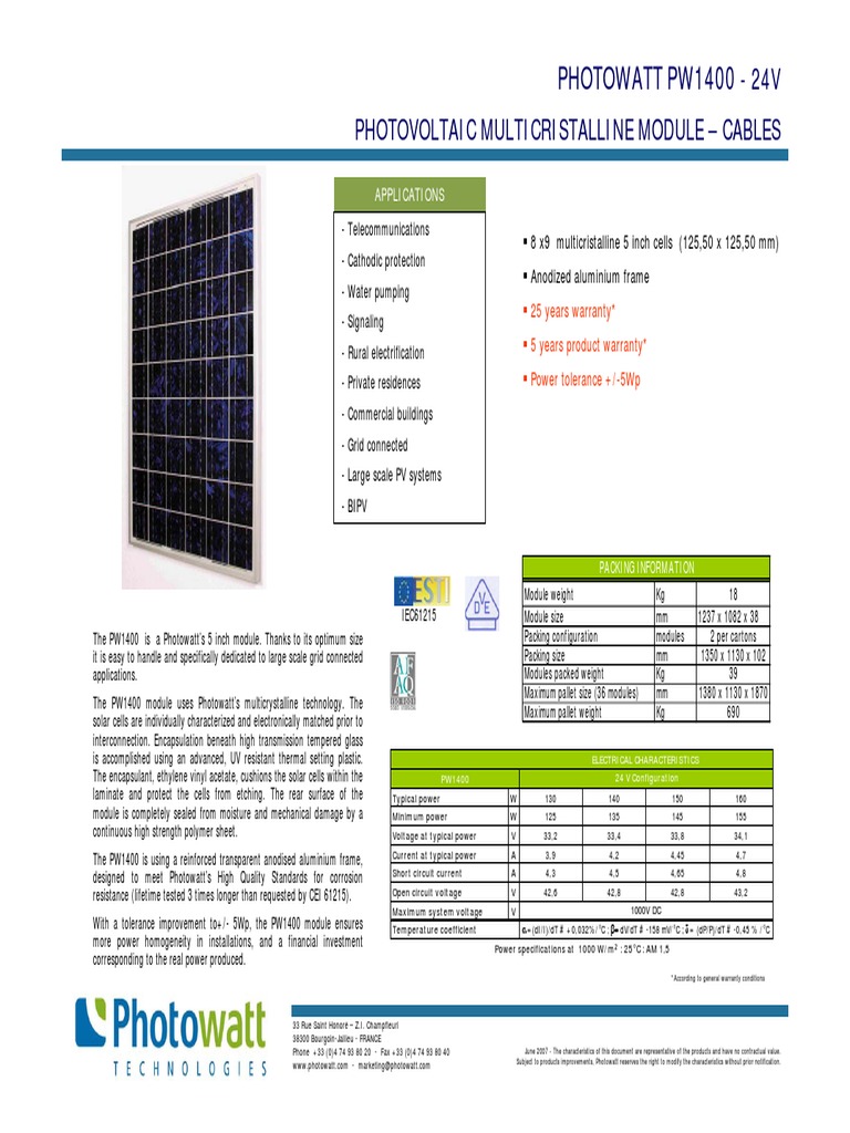 Calculationsolar Module PHOTOWATT PW1400502 | PDF | Solar Cell ...