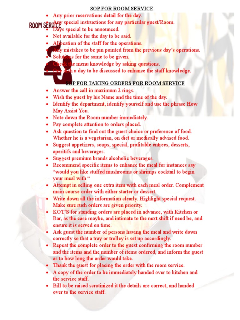 Sop For Room Service | PDF | Food And Drink | Foods